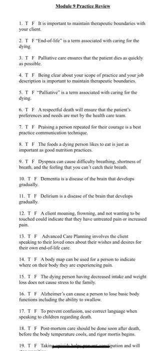 Solved Module 9 Practice Review 1. T F It is important to | Chegg.com