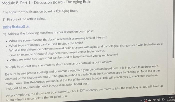 Module 8, Part 1 - Discussion Board - The Aging Brain | Chegg.com