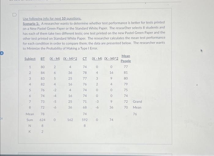 Solved Use following info for next 10 questions. Scenario 1: | Chegg.com