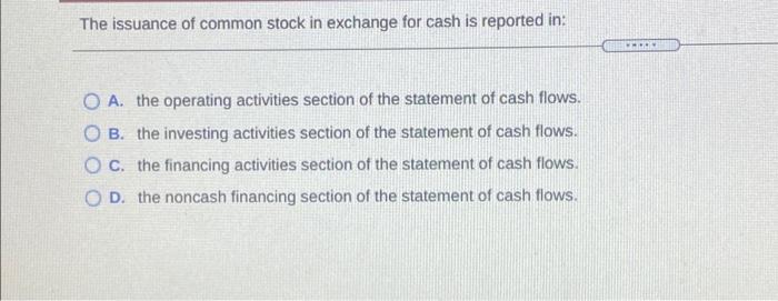 Solved The issuance of common stock in exchange for cash is | Chegg.com