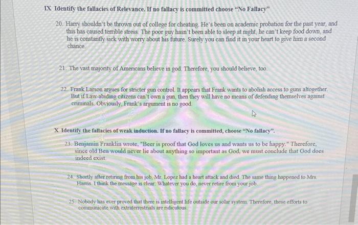 IX. Identify the fallacies of Relevance. If no | Chegg.com