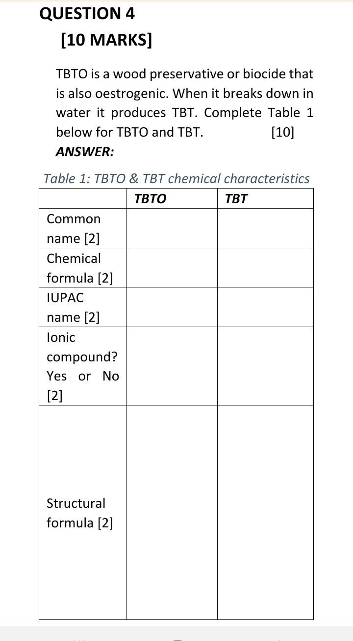 Solved TBTO is a wood preservative or biocide that is also | Chegg.com