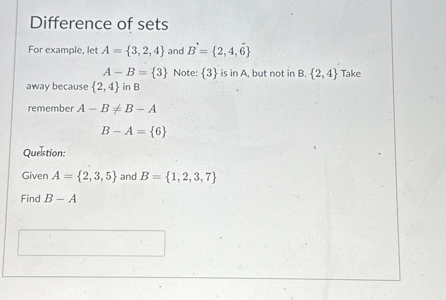 Solved Difference of setsFor example, let A={3,2,4} ﻿and | Chegg.com