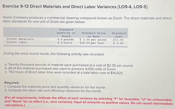Solved Exercise 9-13 Direct Materials and Direct Labor | Chegg.com