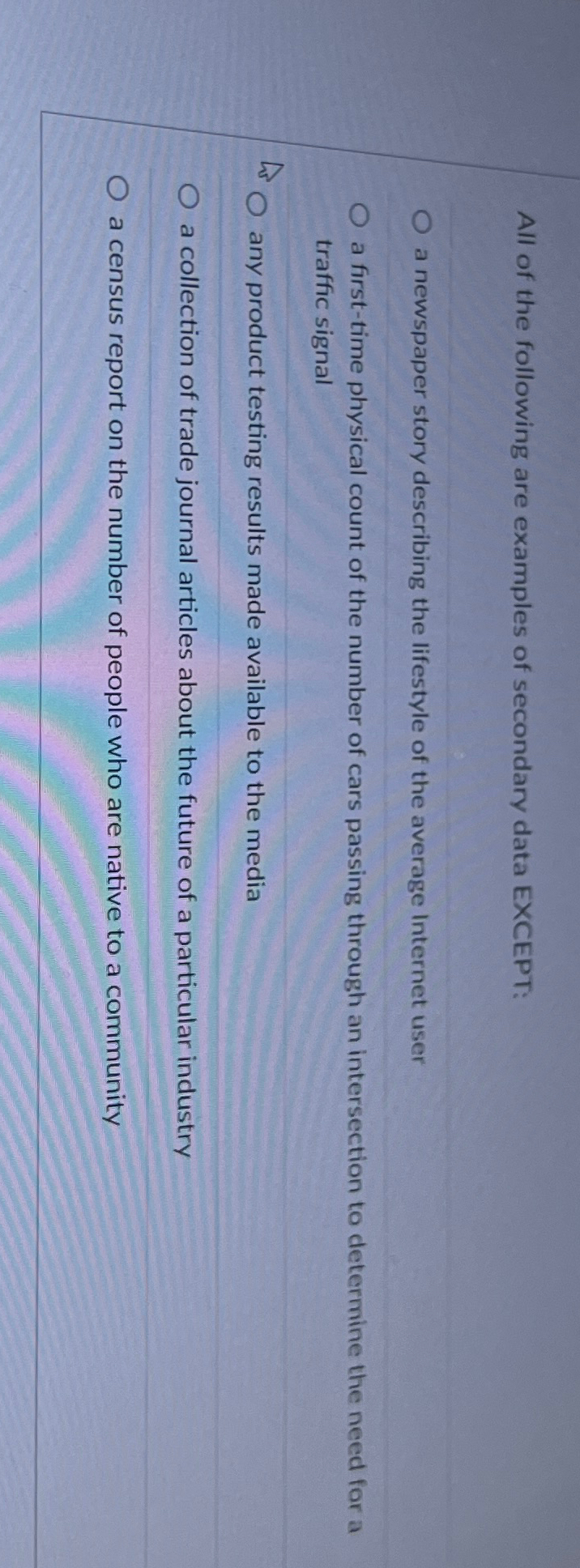 Solved All of the following are examples of secondary data | Chegg.com