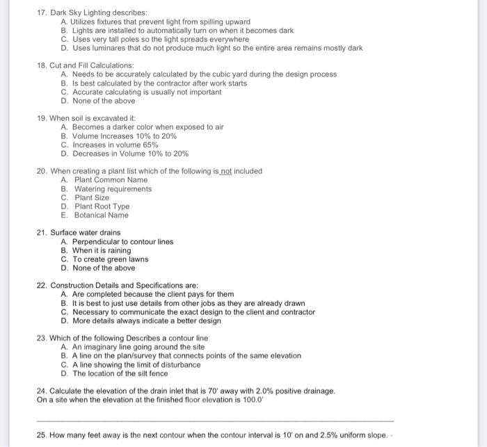 Solved 17. Dark Sky Lighting describes: A. Utilizes fixtures | Chegg.com