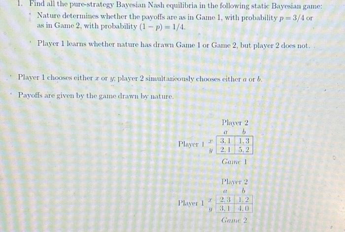 Solved 1. Find all the pure-strategy Bayesian Nash | Chegg.com