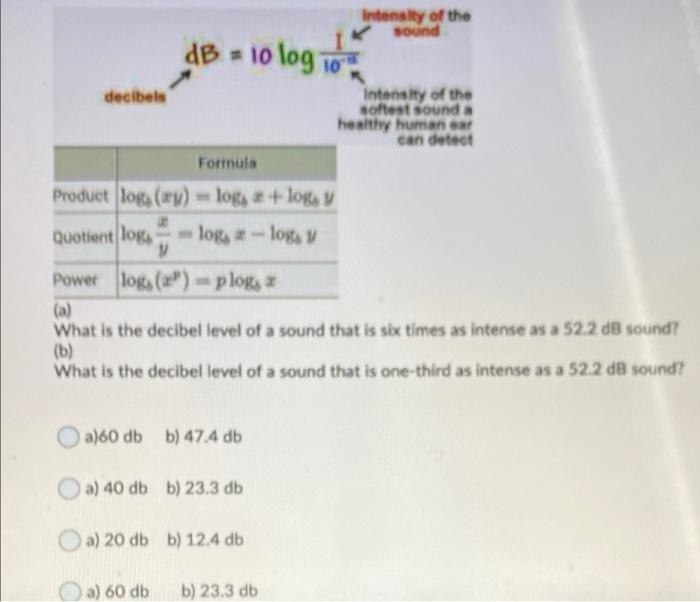Solved Intensity of the sound dB = 10 log 10 decibels | Chegg.com