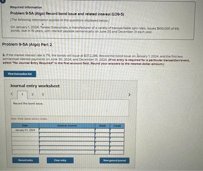 Solved Requlred Information Problem 9.5A (Algo) Record bond | Chegg.com
