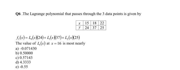 Solved Q6.The Lagrange polynomial that passes through the 3 | Chegg.com