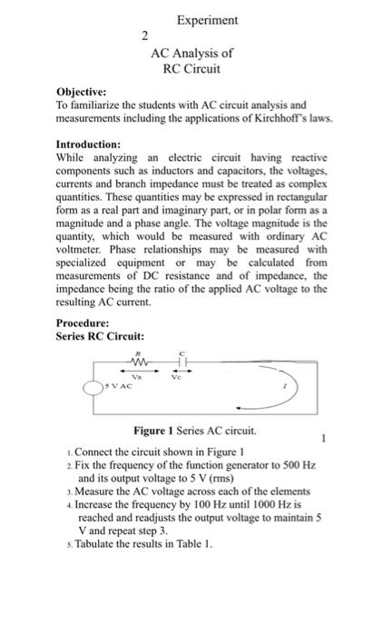 Solved Objective: To familiarize the students with AC | Chegg.com