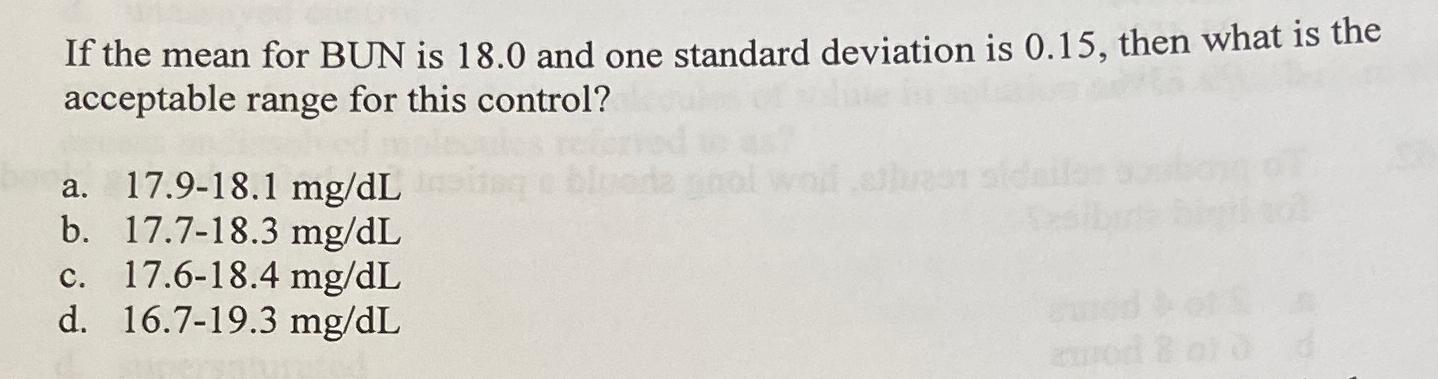 Solved If the mean for BUN is 18.0 ﻿and one standard | Chegg.com