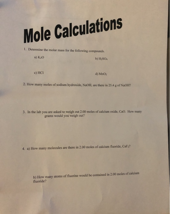 Solved Mole Calculations 1. Determine the molar mass for the | Chegg.com
