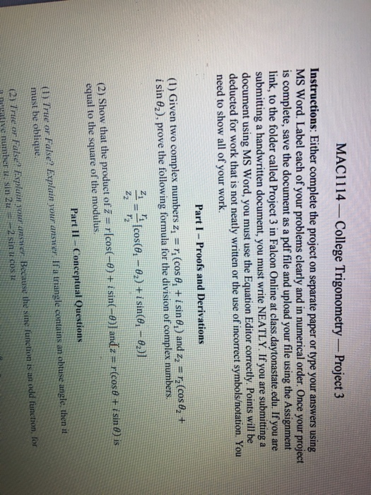 Solved MAC1114 - College Trigonometry - Project 3 | Chegg.com