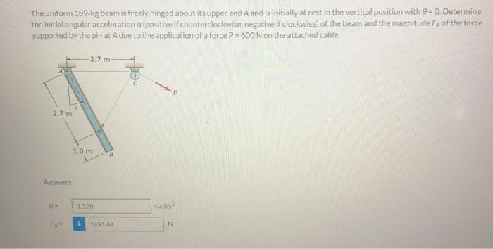 Solved The uniform 189 kg beam is freely Hinged about its | Chegg.com