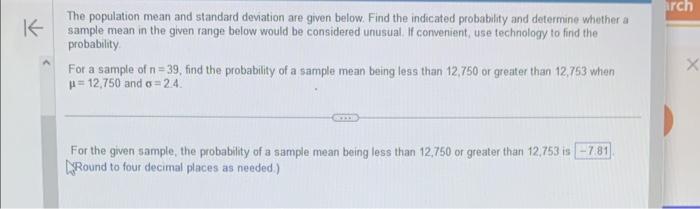 Solved The population mean and standard devation are given | Chegg.com