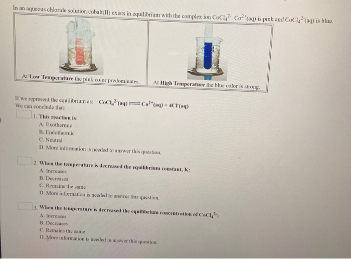 Solved In an aqueous chloride solution cobalt(II) exists in | Chegg.com