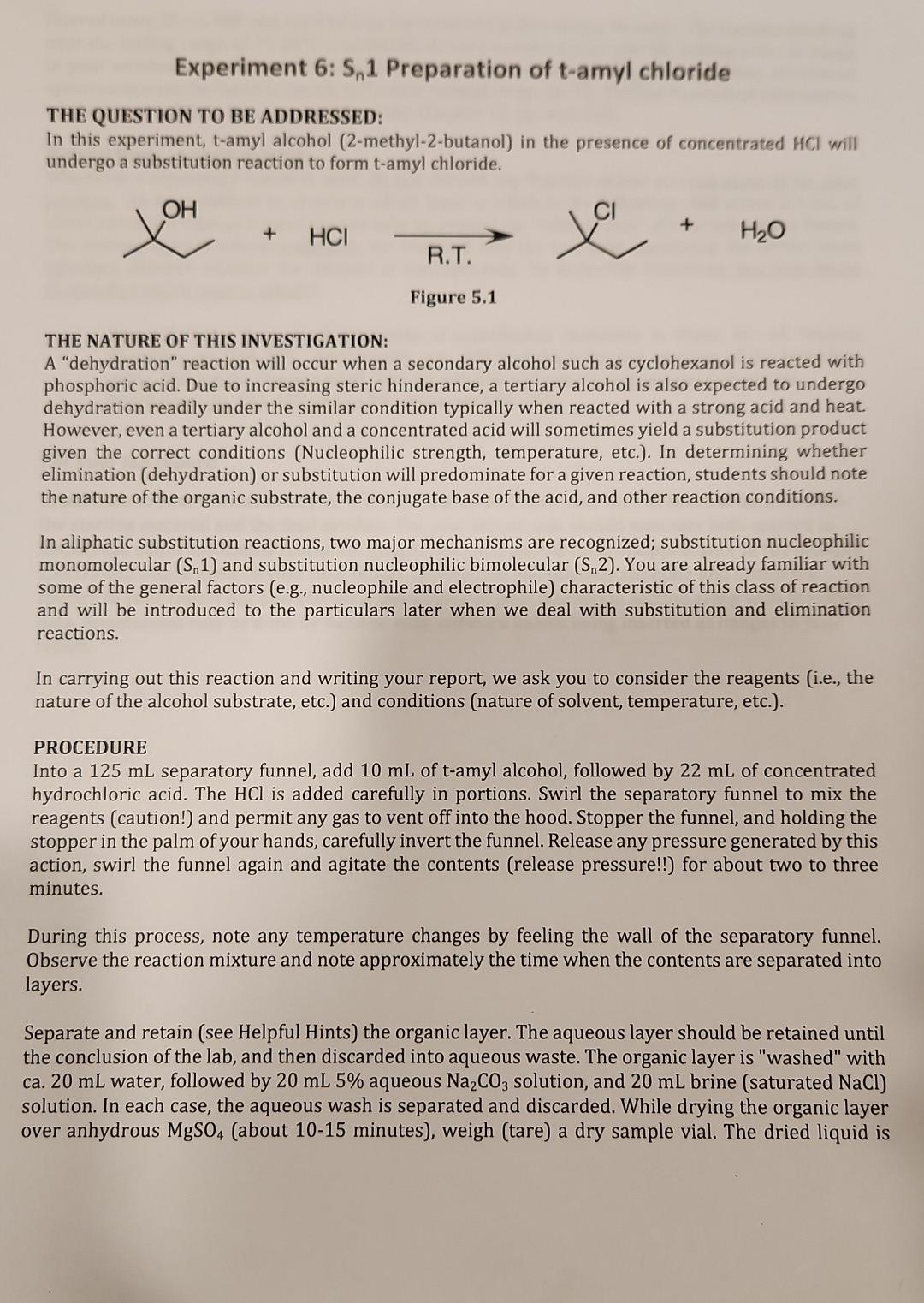 Solved Experiment 6: Sn1 Preparation of t-amyl chloride THE | Chegg.com