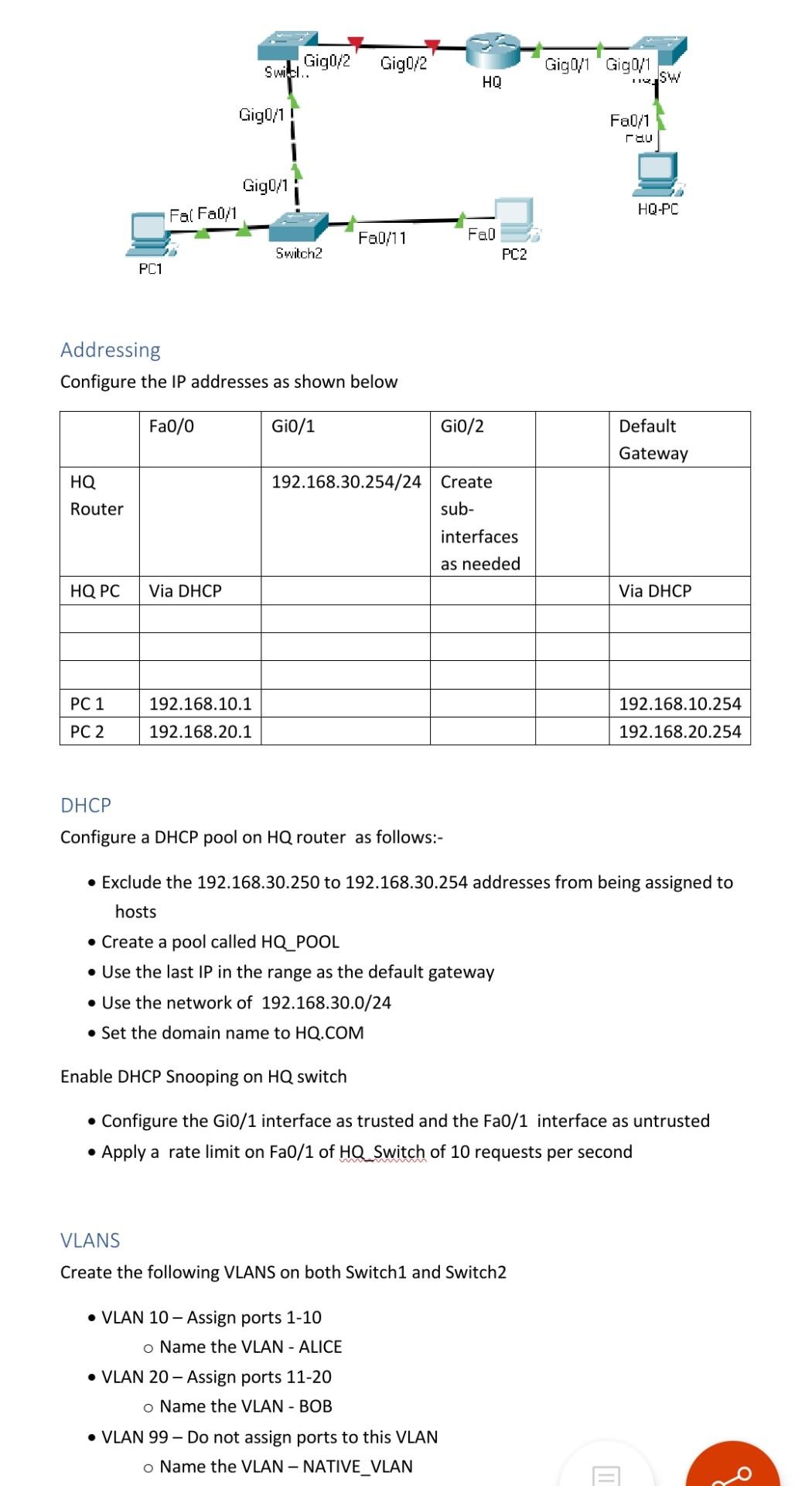 Solved HQ Router PC1 Fal Fa0/1 PC 1 PC 2 Fa0/0 HQ PC Via | Chegg.com