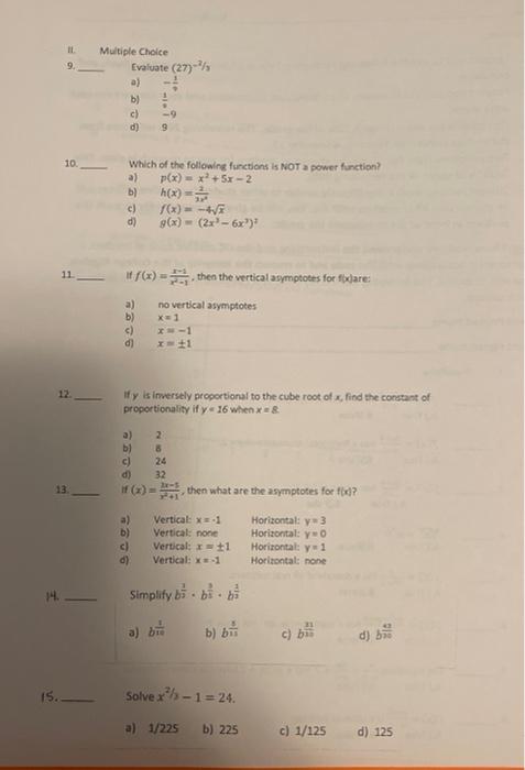 Solved 11. Multiple Choice 9. Evaluate (27)−7/3 a) −71 b) 21 | Chegg.com