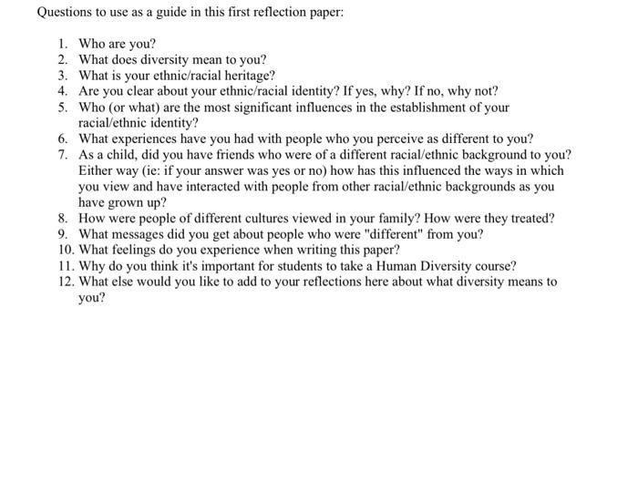 Solved Questions to use as a guide in this first reflection | Chegg.com