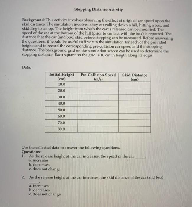 Solved Stopping Distance Activity Background: This activity | Chegg.com