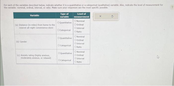Solved or each of the variables described below, indicate | Chegg.com