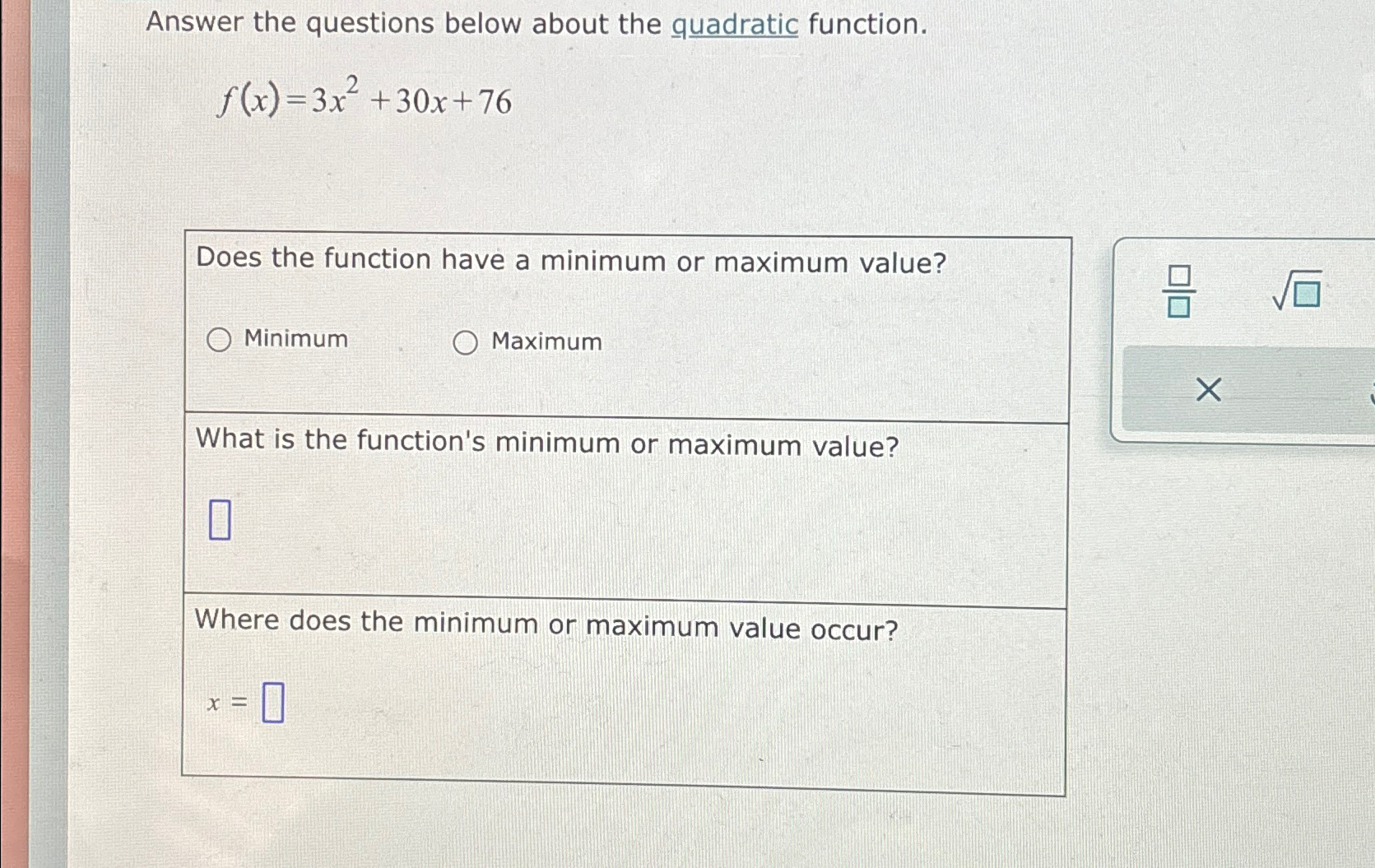 Solved Answer the questions below about the quadratic | Chegg.com