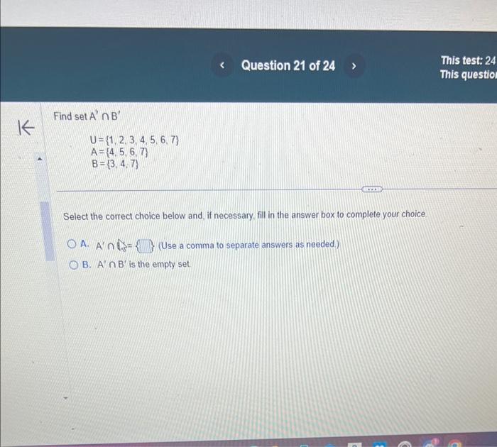 Solved Find setA′∩B′ U={1,2,3,4,5,6,7}A={4,5,6,7}B={3,4,7} | Chegg.com | Chegg.com
