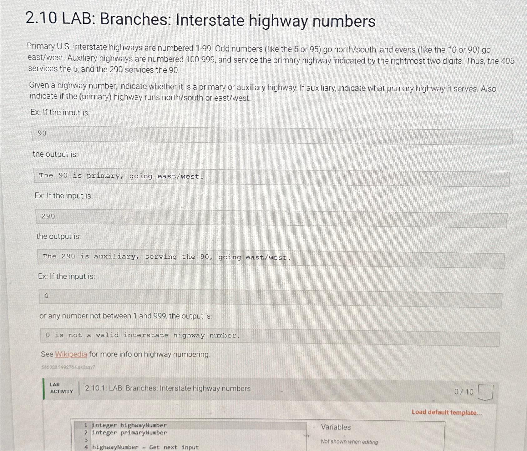 Solved 2.10 ﻿LAB: Branches: Interstate highway | Chegg.com