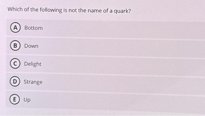 Solved Which of the following is not the name of a quark? | Chegg.com