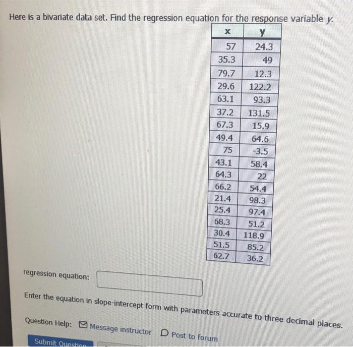 Solved Here is a bivariate data set. Find the regression | Chegg.com