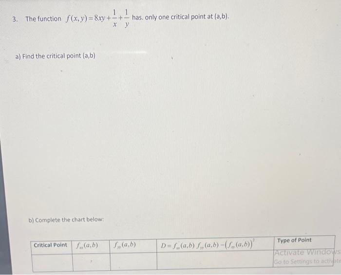 Solved 3. The function f(x,y)=8xy+x1+y1 has. only one | Chegg.com