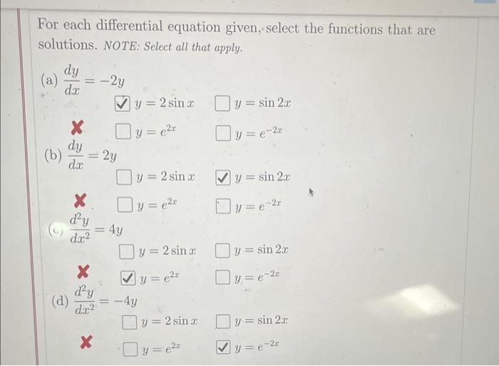 Solved For each differential equation given, select the | Chegg.com