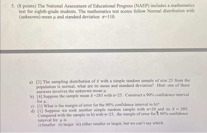 Solved 5. ( 8 points) The National Assessment of Educational | Chegg.com