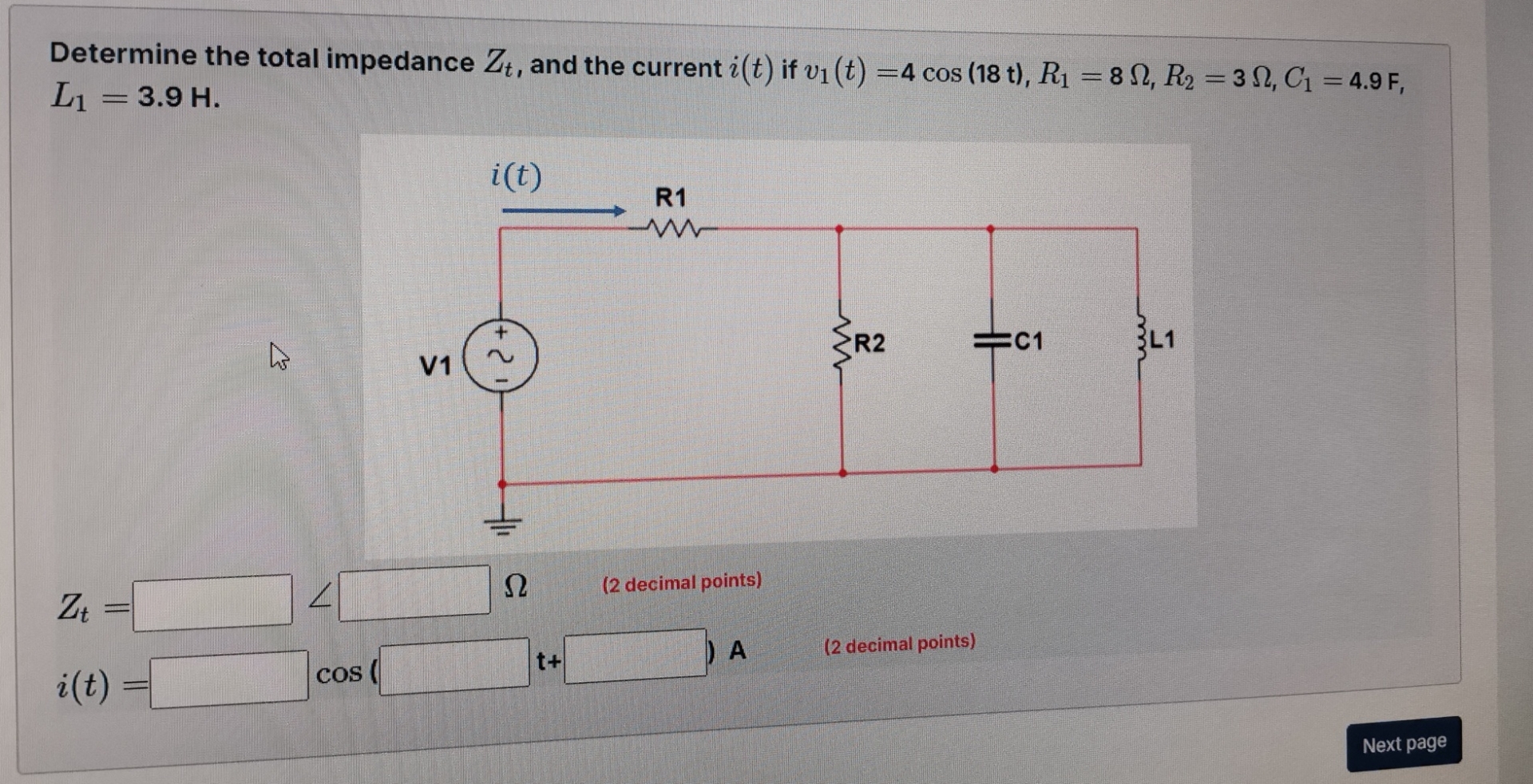 Solved Determine the total impedance Zt, ﻿and the current | Chegg.com