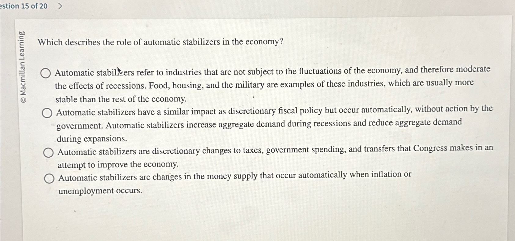 Solved stion 15 ﻿of 20Which describes the role of automatic | Chegg.com