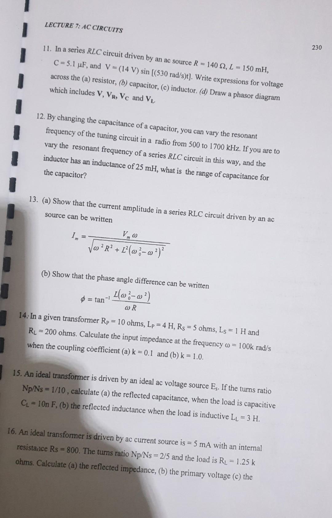 Solved 11. In a series RLC circuit driven by an ac source | Chegg.com