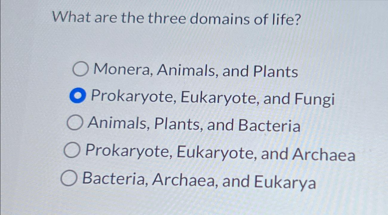 Solved What are the three domains of life?Monera, Animals, | Chegg.com