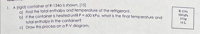 Solved = 1. A (rigid) container of R-134a is shown. [15] a) | Chegg.com