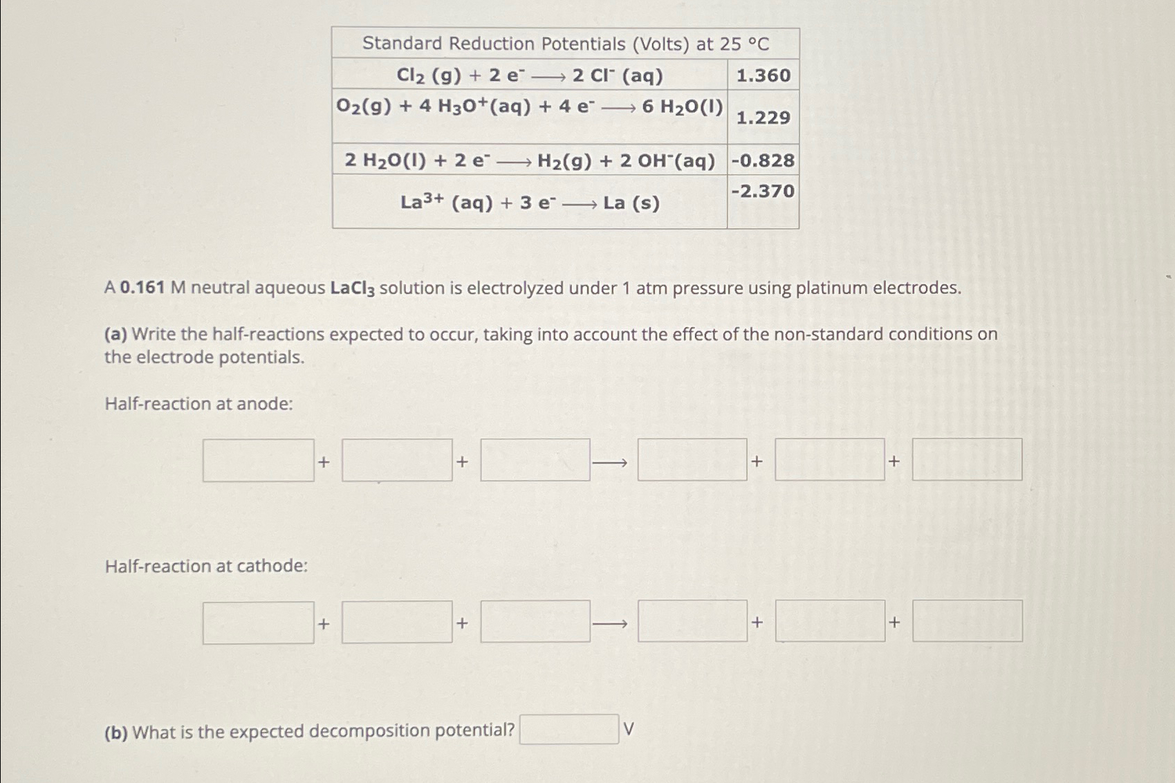 Solved \table[[Standard Reduction Potentials (Volts) ﻿at | Chegg.com