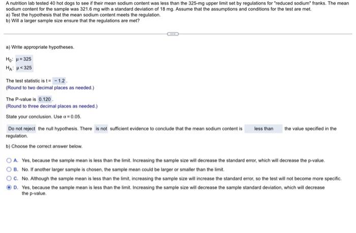 Solved A nutrition lab tested 40 hot dogs to see if their | Chegg.com