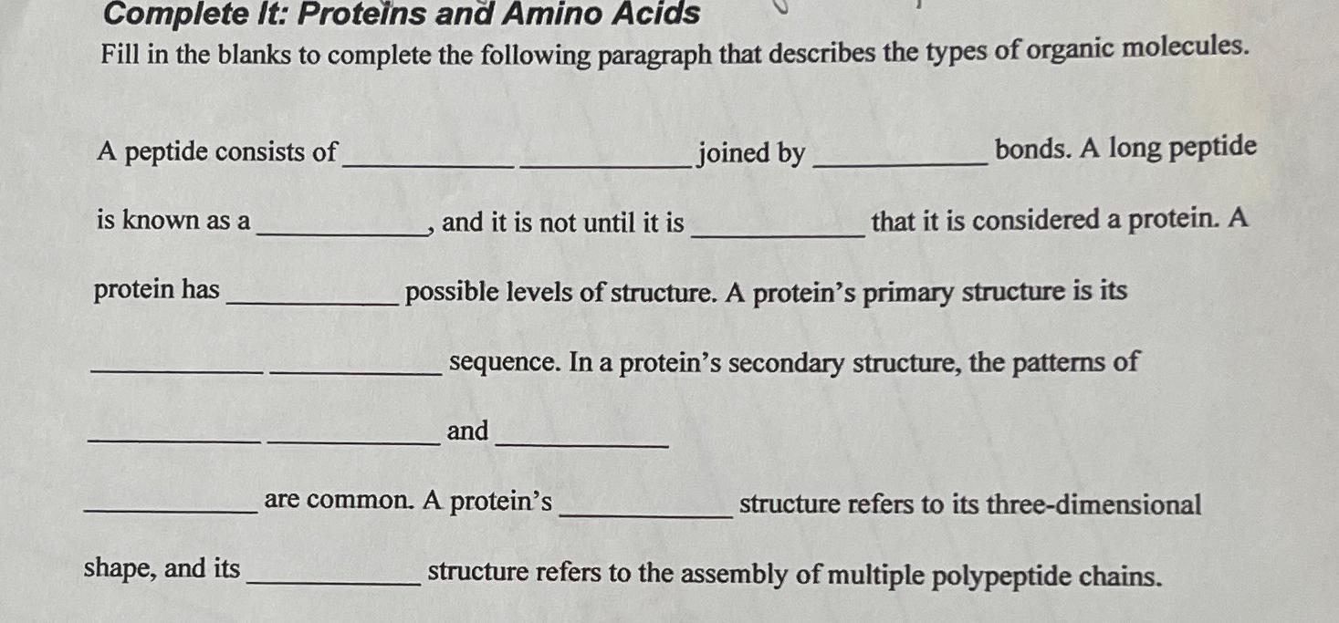 Solved Complete It: Proteins and Amino AcidsFill in the | Chegg.com