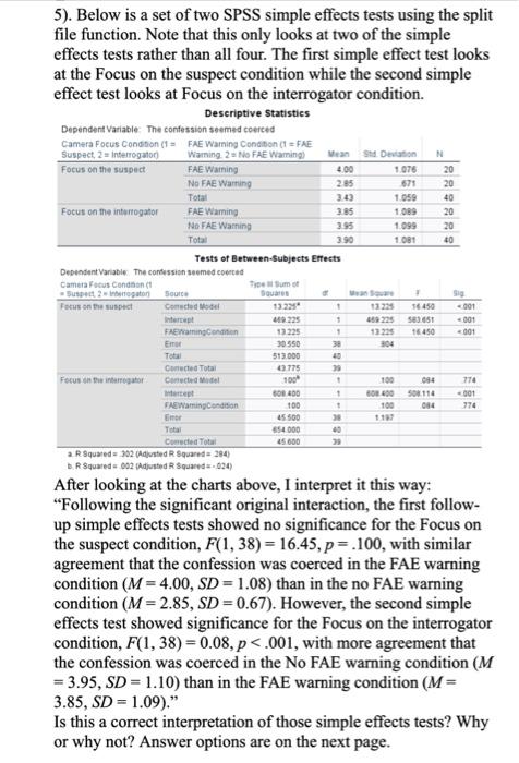 Solved 5). Below is a set of two SPSS simple effects tests | Chegg.com