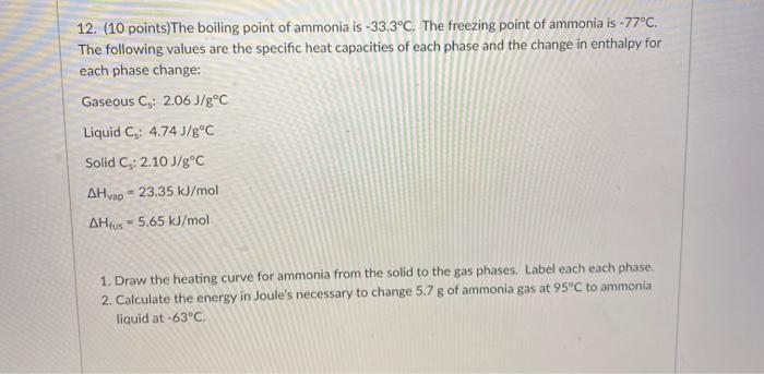 Solved 12. (10 points)The boiling point of ammonia is | Chegg.com