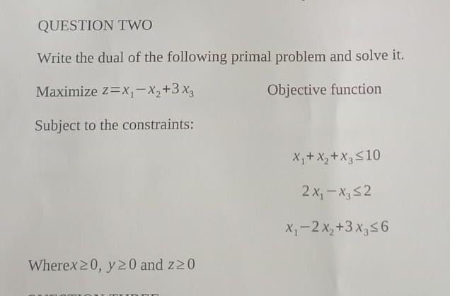 Solved QUESTION TWOWrite the dual of the following primal | Chegg.com