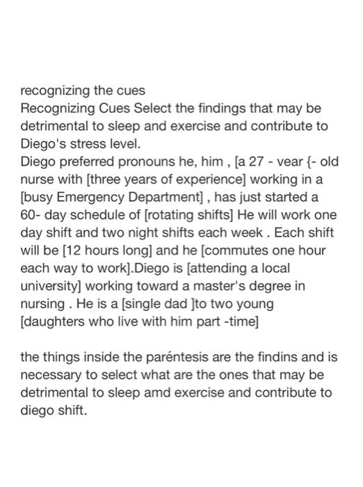 Solved recognizing the cues Recognizing Cues Select the | Chegg.com