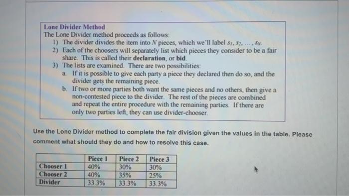 Solved Divider-Chooser Method 1. The divider cuts the item | Chegg.com
