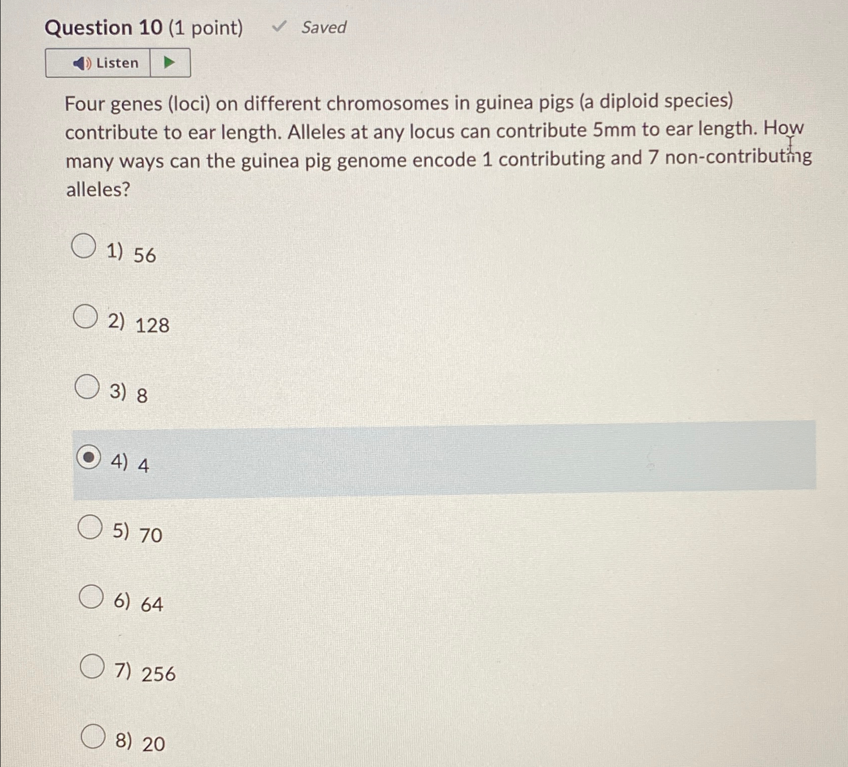 Solved Question 10 (1 ﻿point) ﻿Four genes (loci) ﻿on | Chegg.com