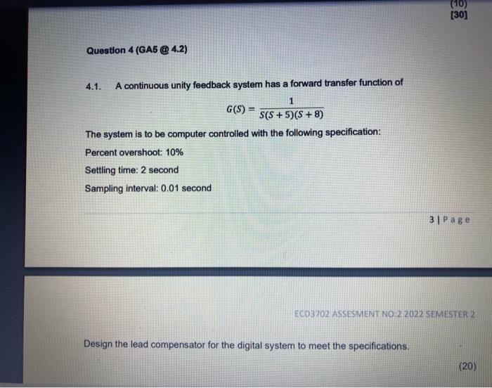 Solved 4.1. A continuous unity feedback system has a forward | Chegg.com